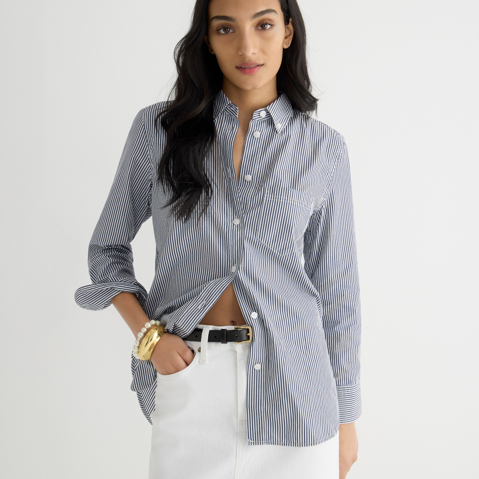 Classic-fit Washed Cotton Poplin Shirt In Stripe For Women | J.Crew