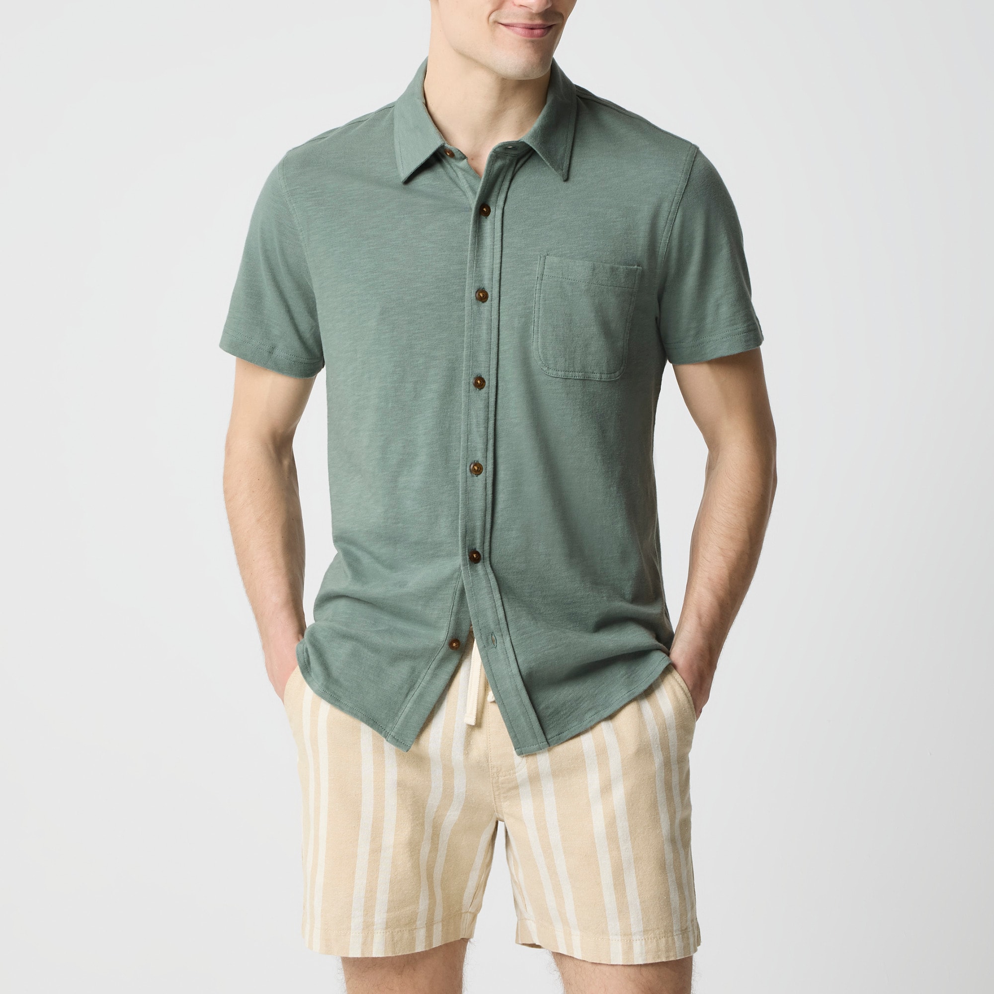 Factory: Short-sleeve Knit Button-down Shirt For Men