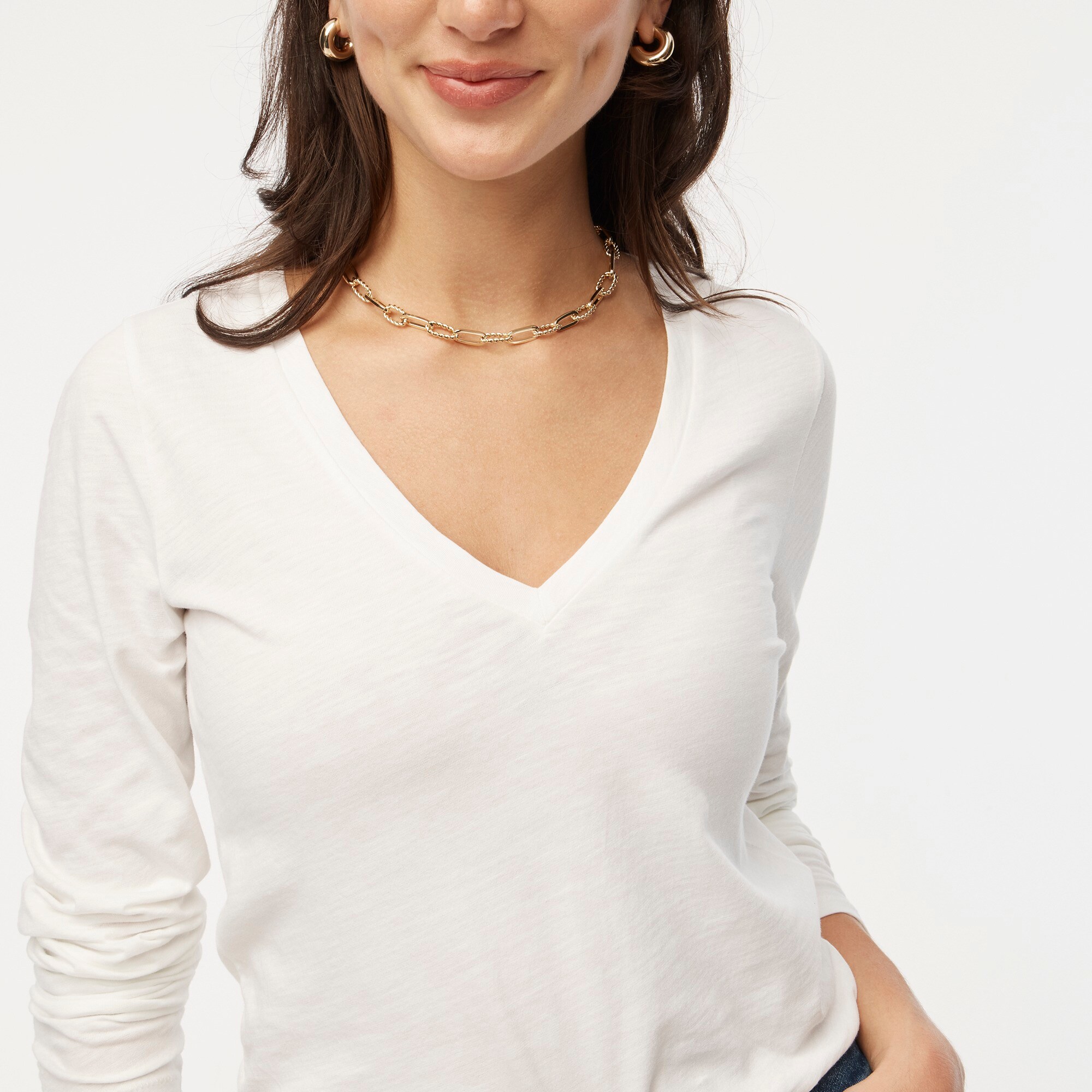 Factory: Long-sleeve Vintage Slub Cotton V-neck Tee For Women