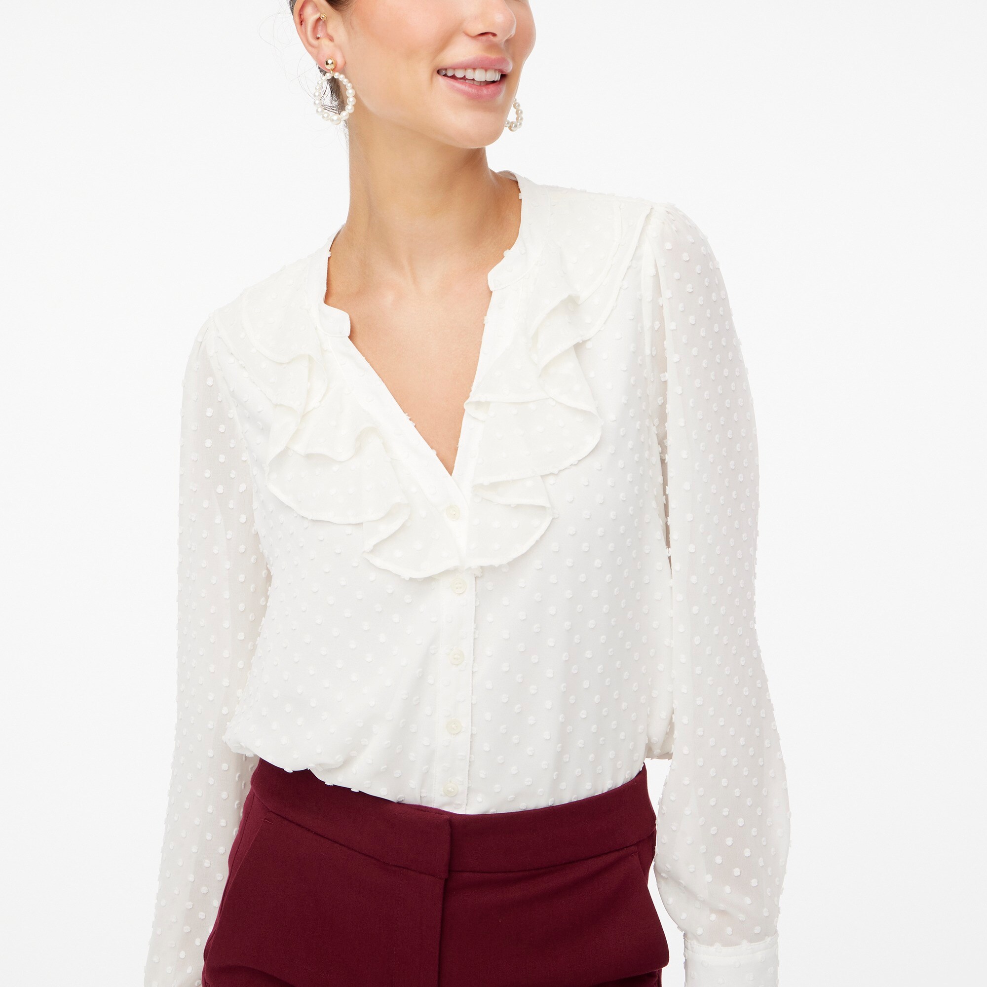 Factory: Clip-dot Ruffle Button-up Shirt For Women