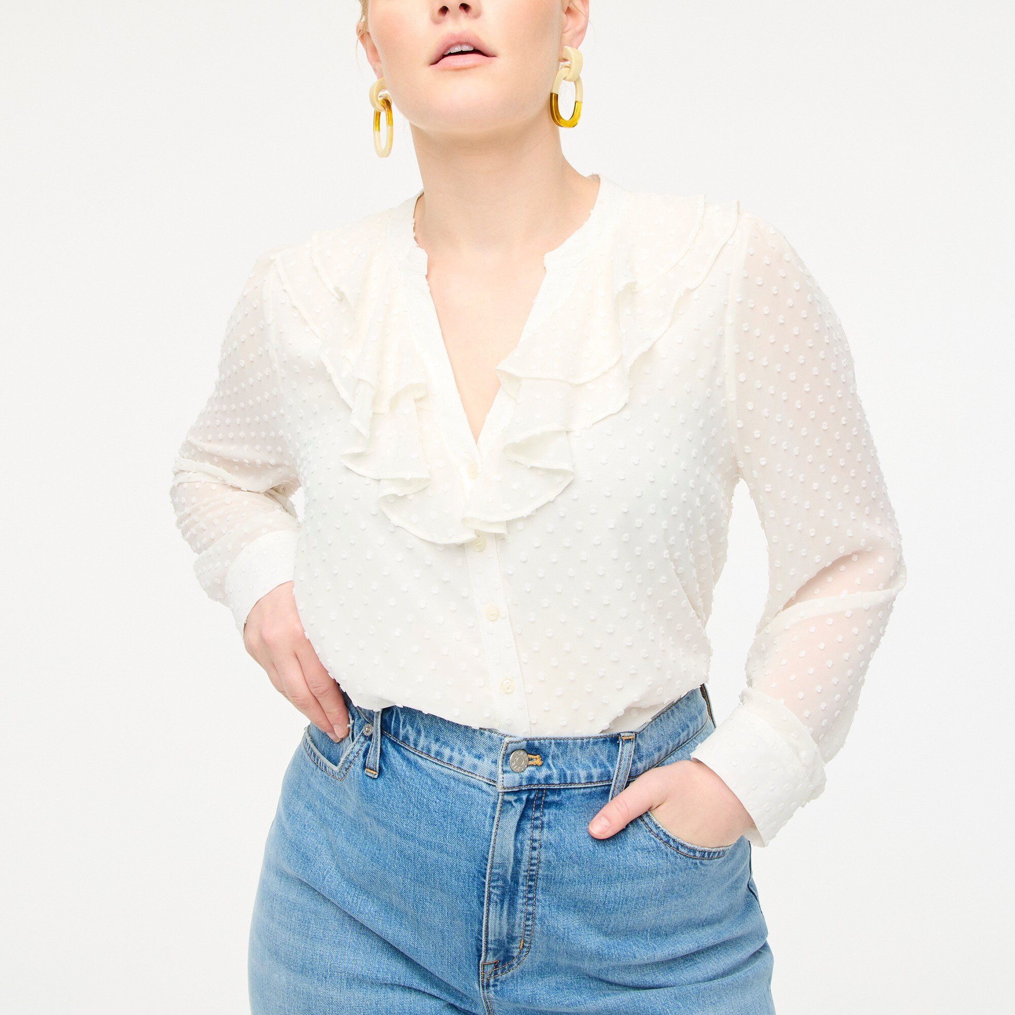 Factory: Clip-dot Ruffle Button-up Shirt For Women