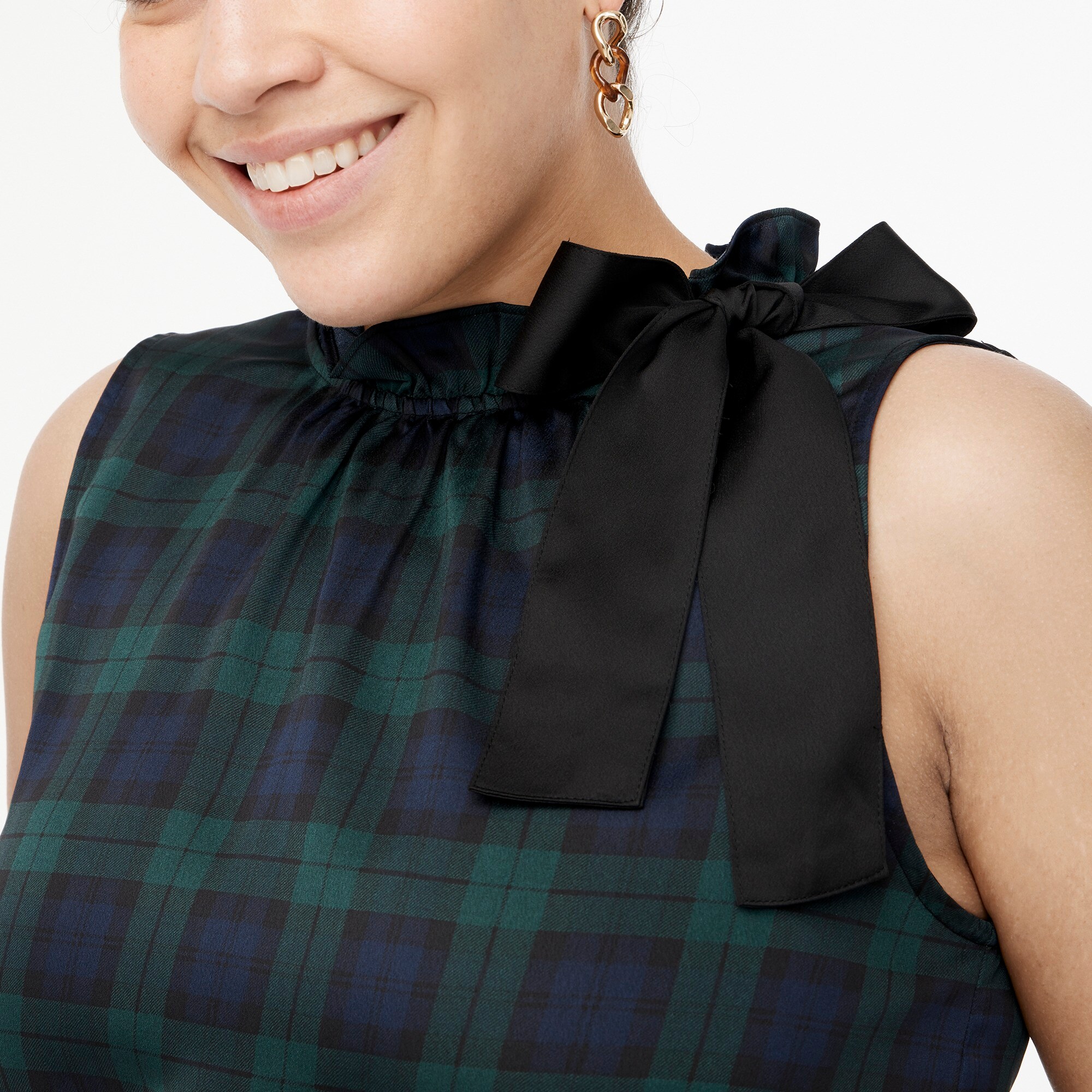 Factory: Black Watch Plaid Bow-neck Ruffle Top For Women