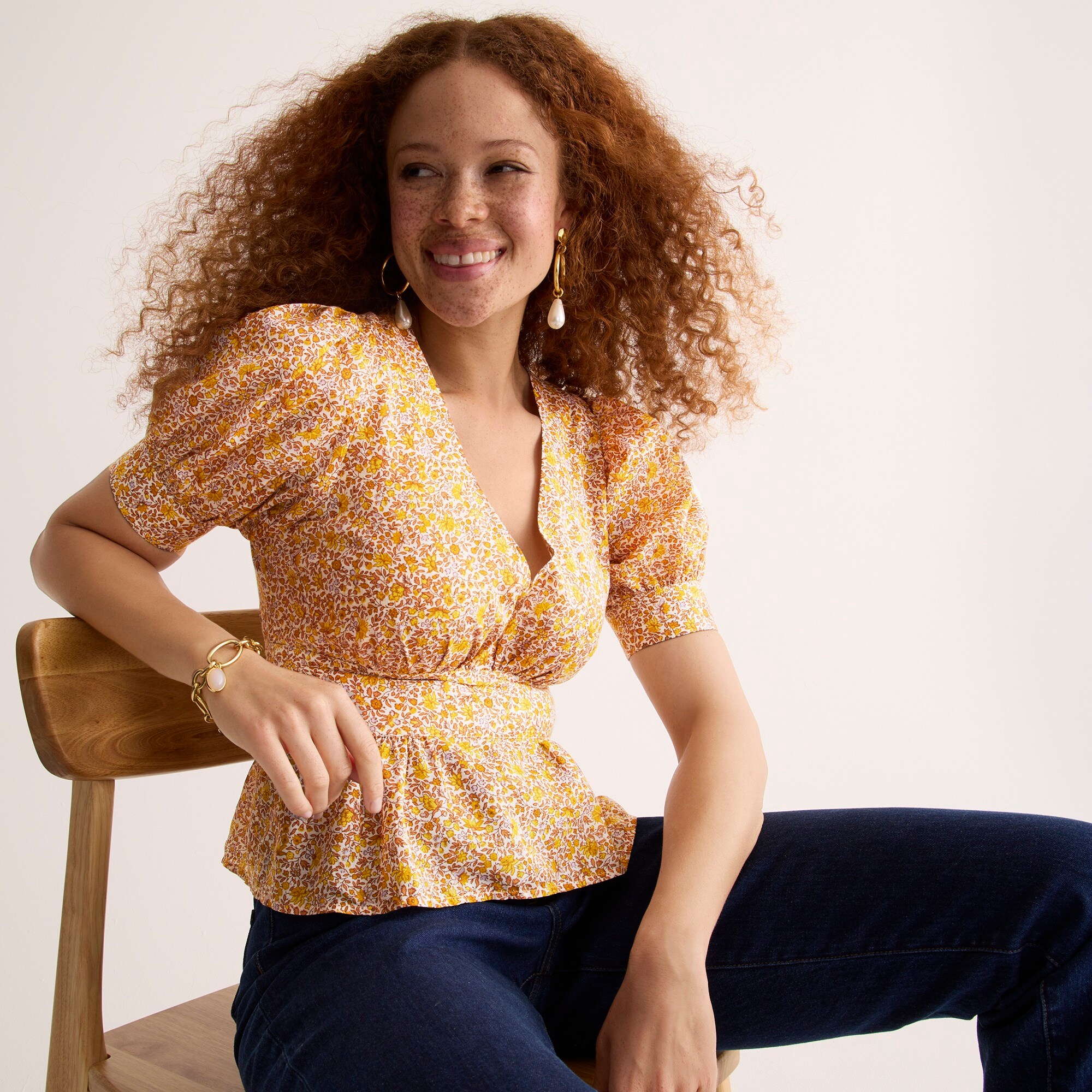 J.Crew: Puff-sleeve V-neck Top In Scattered Blooms For Women