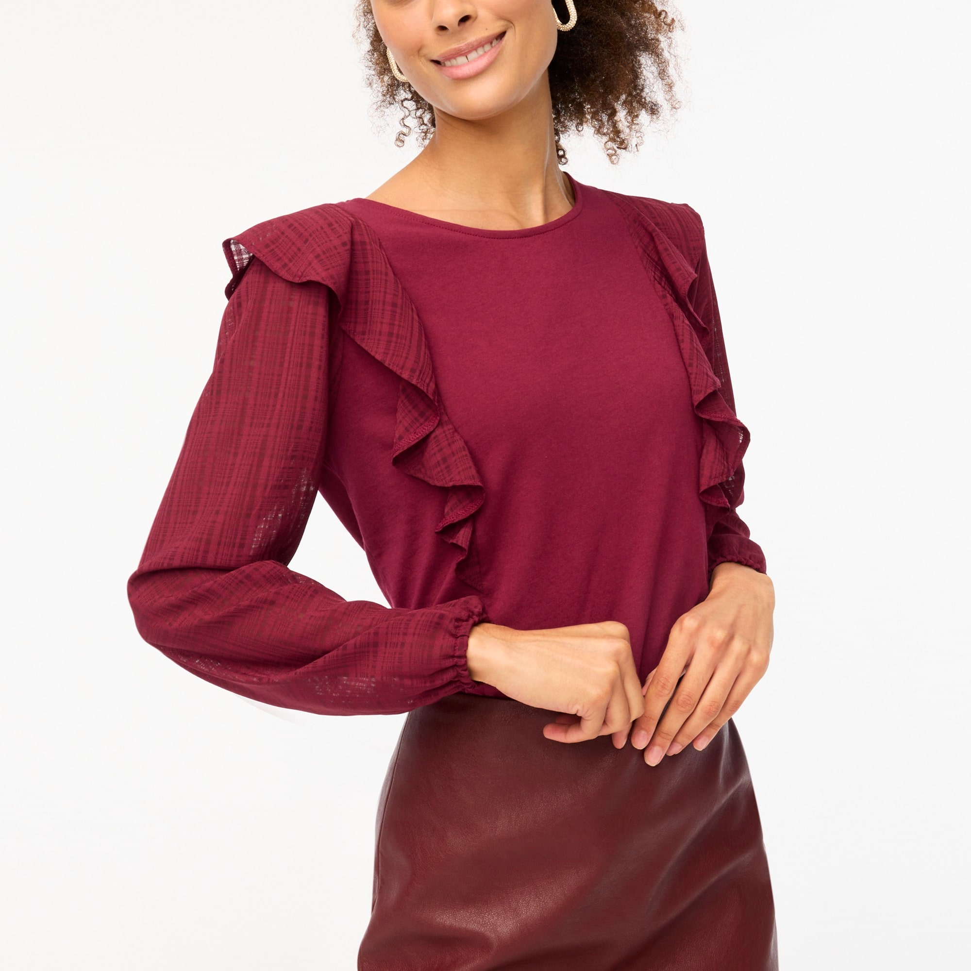 Factory: Ruffle-shoulder Top With Plaid Jacquard Sleeves For Women