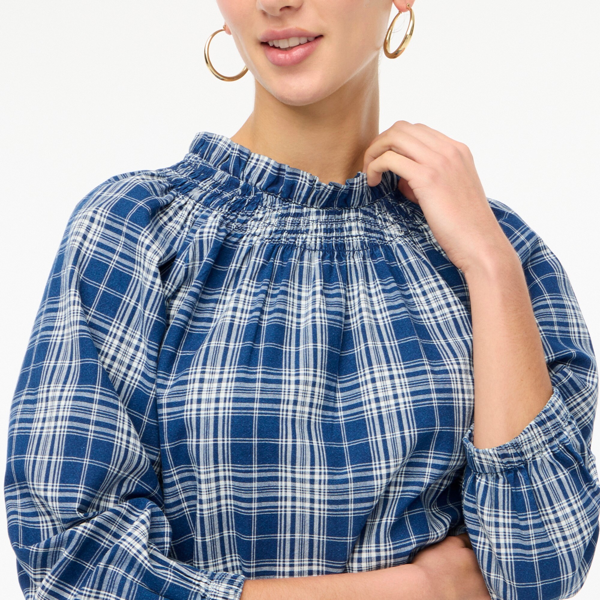 Factory: Plaid Smocked Ruffleneck Top For Women