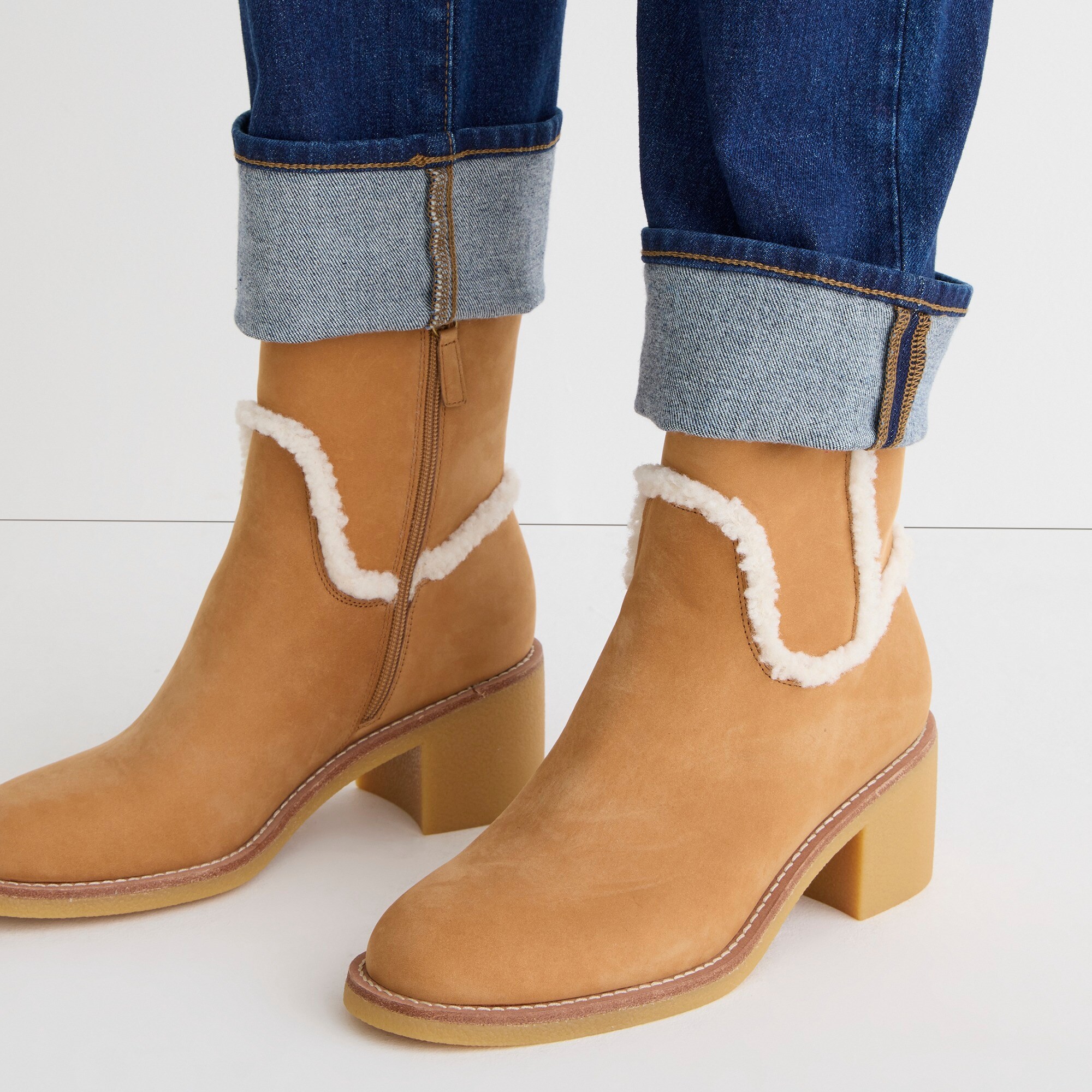 J.Crew: Sherpa Stacked Heels In Suede For Women