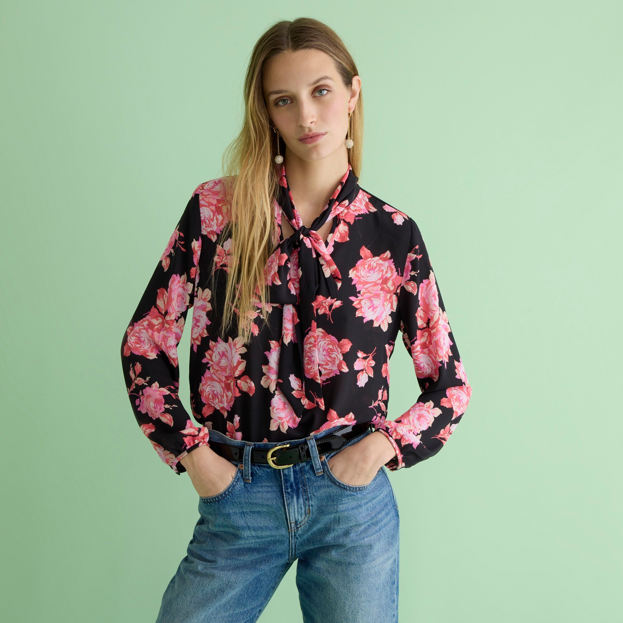 J.Crew: Tie-neck Long-sleeve Top In Midnight Rose For Women