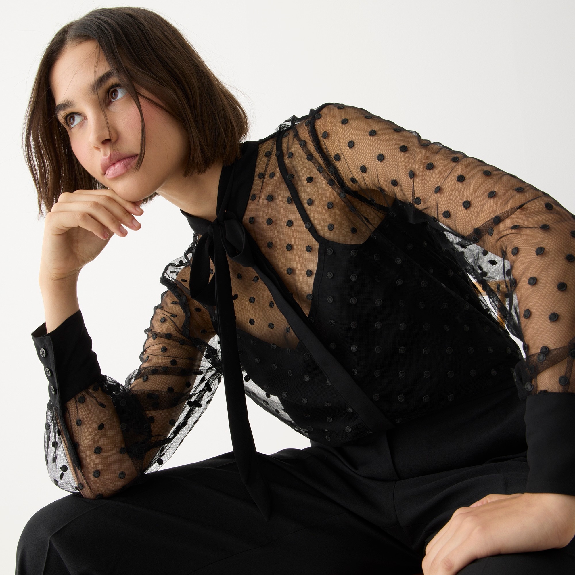 J.Crew: Tie-neck Long-sleeve Top In Dotted Tulle For Women