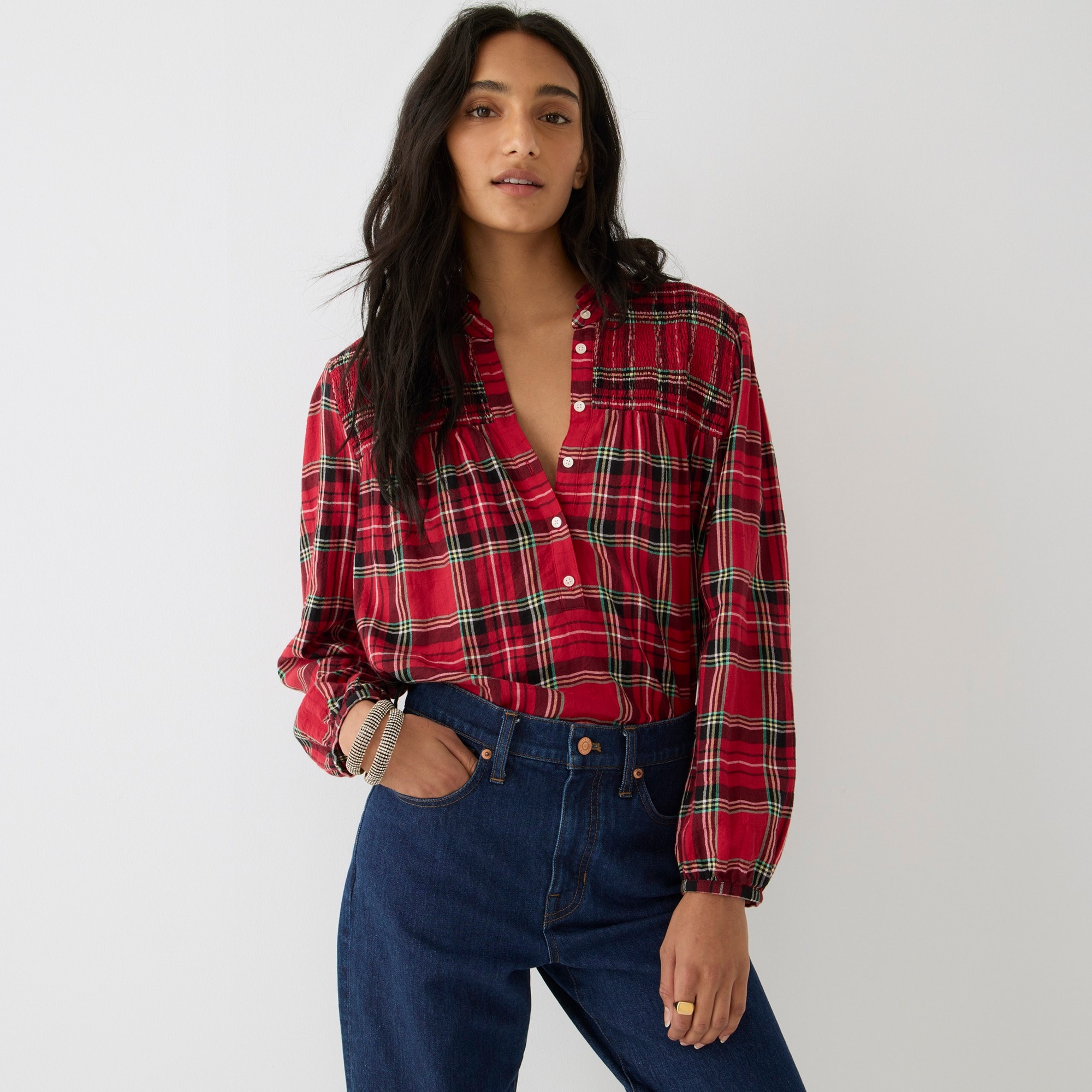 J.Crew: Ruffleneck Cotton-blend Flannel Popover In Good Tidings Plaid For Women