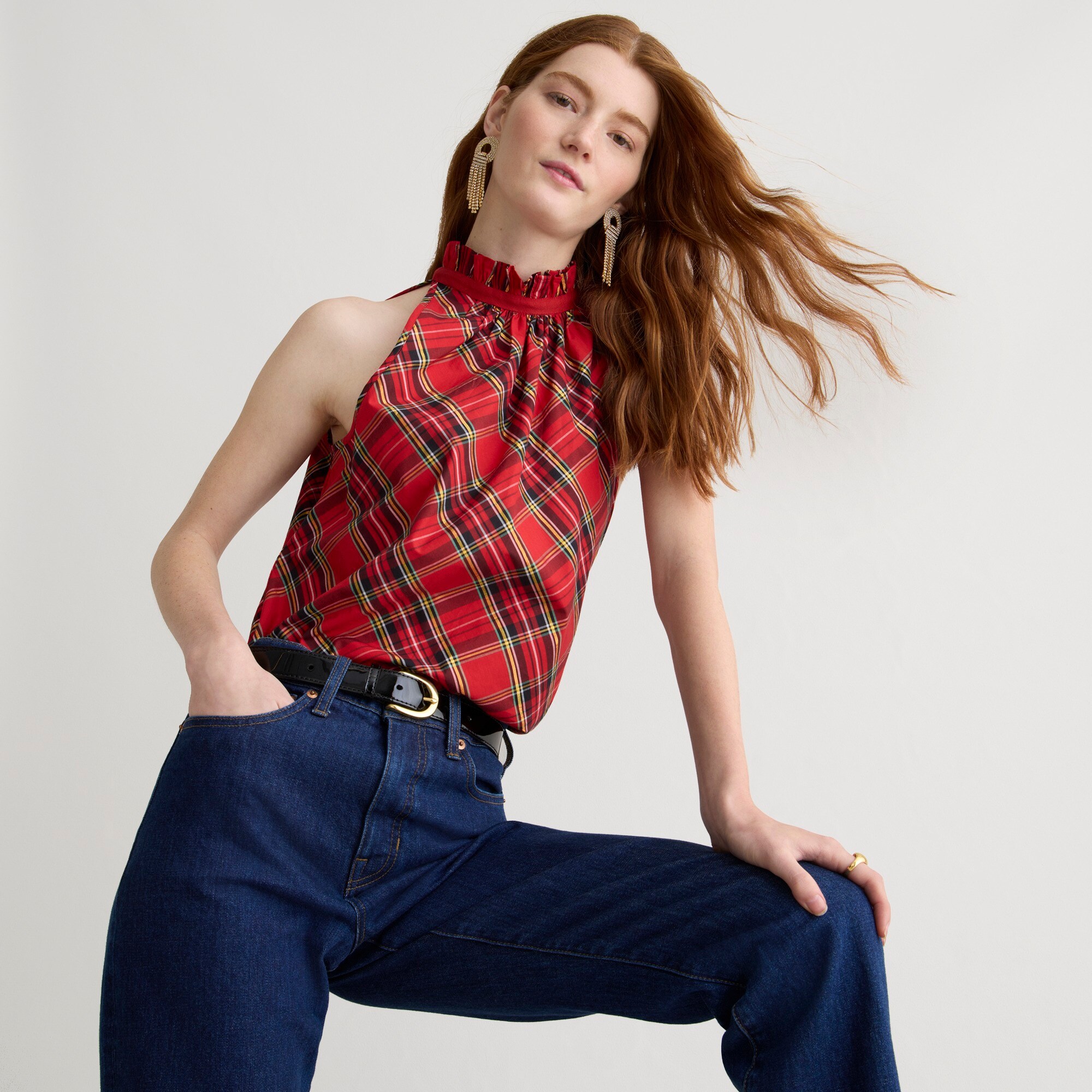 J.Crew: Ruffleneck Sleeveless Cotton Poplin Top In Good Tidings Plaid For Women
