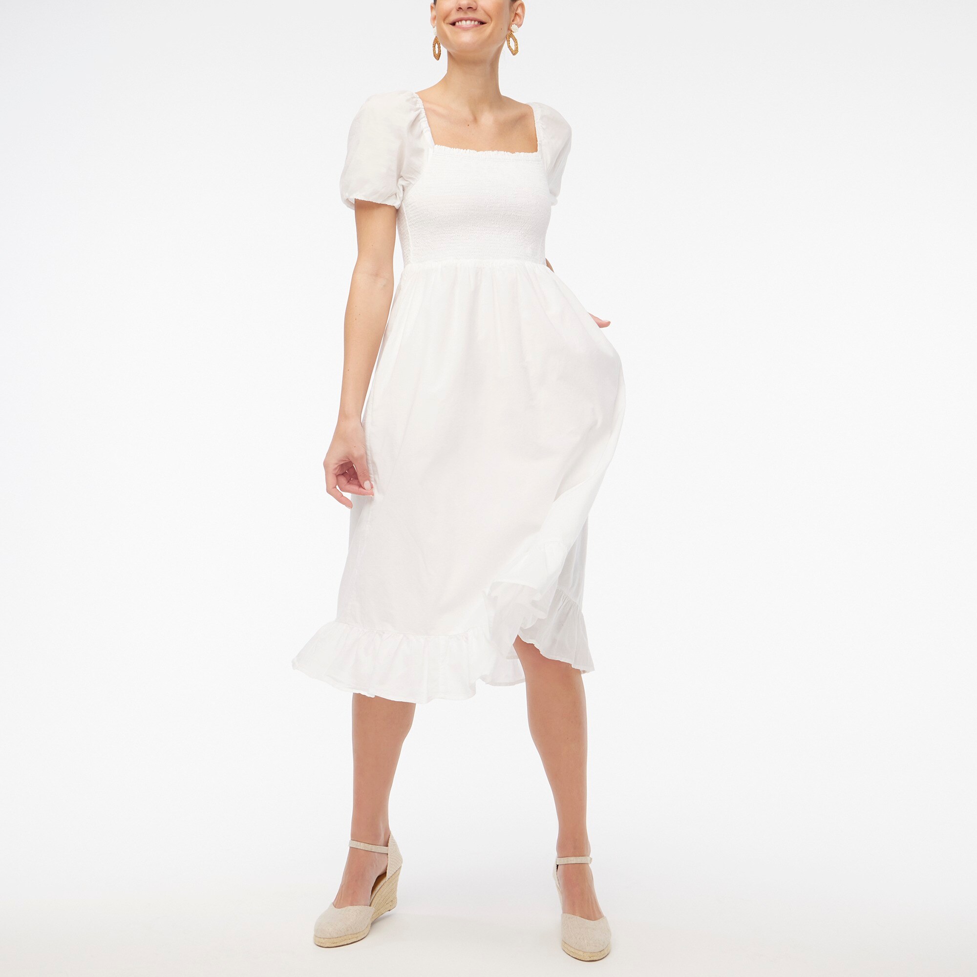 Factory: Smocked Puff-sleeve Midi Dress For Women