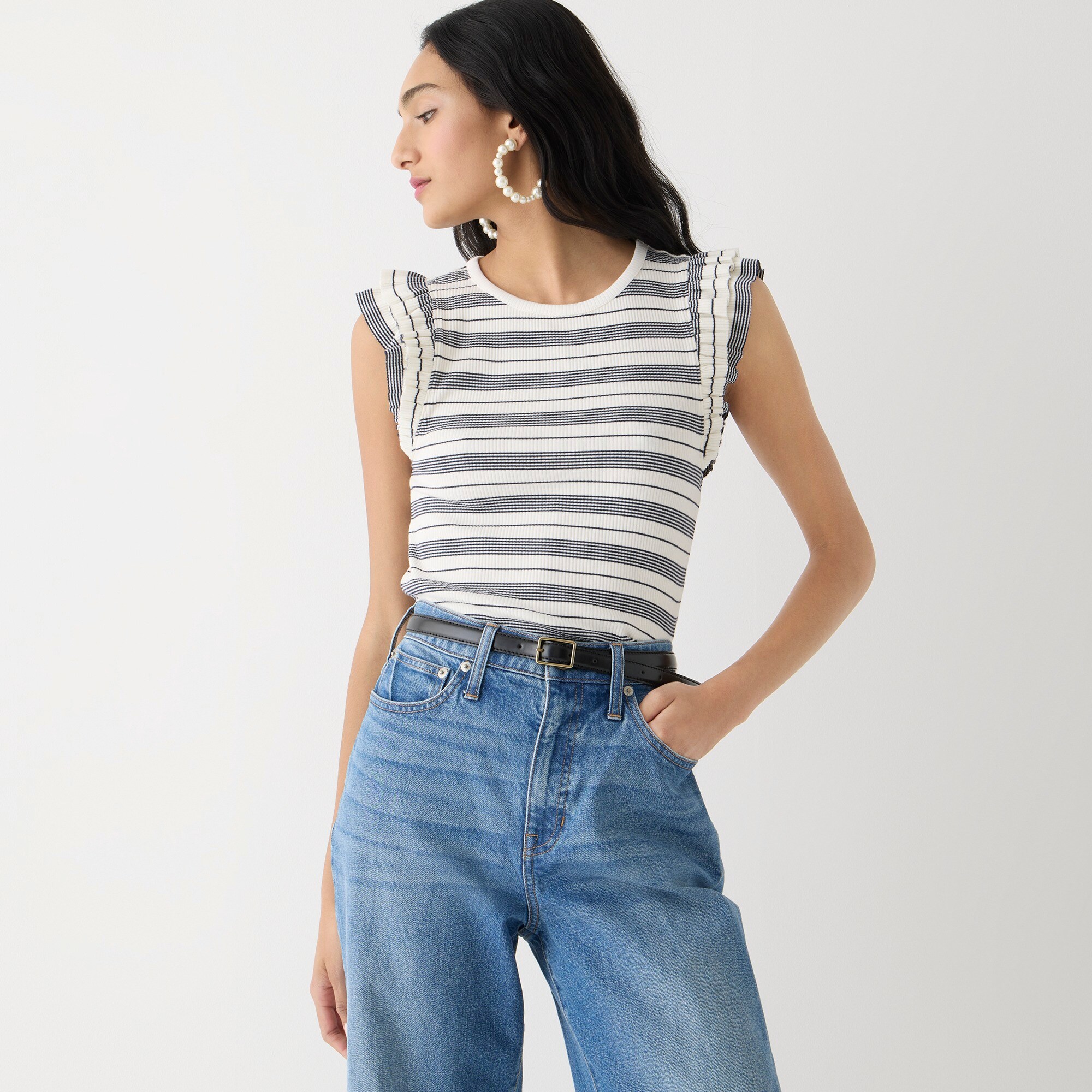 J.Crew: Vintage Rib Ruffle-sleeve Shirt In Stripe For Women