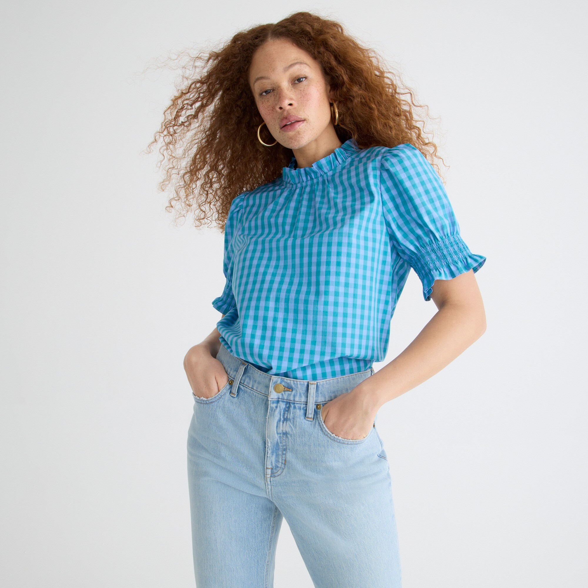 J Crew Smocked Cotton Poplin Puff Sleeve Top In Gingham For Women