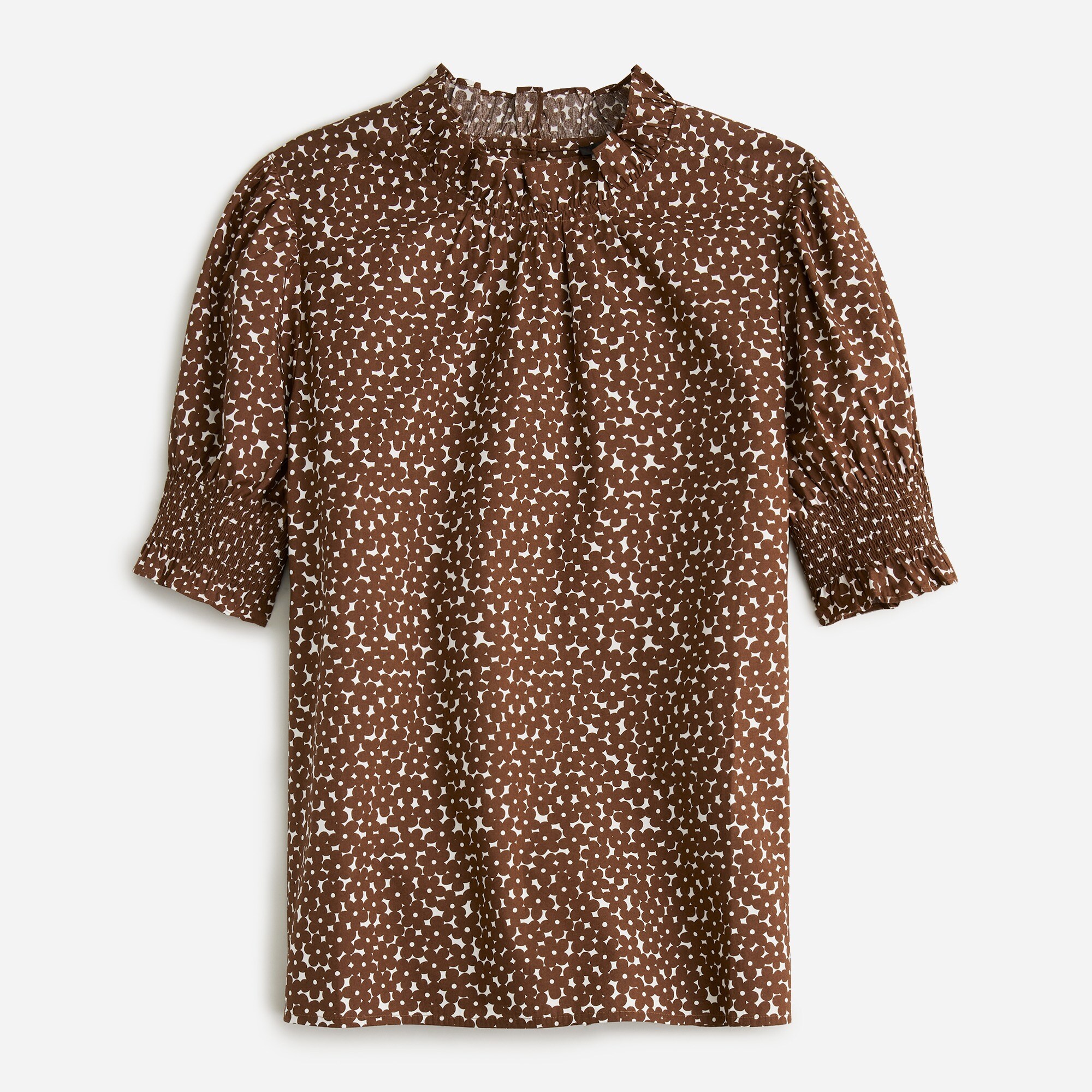 J Crew Smocked Cotton Poplin Puff Sleeve Top In Mocha Floral For Women