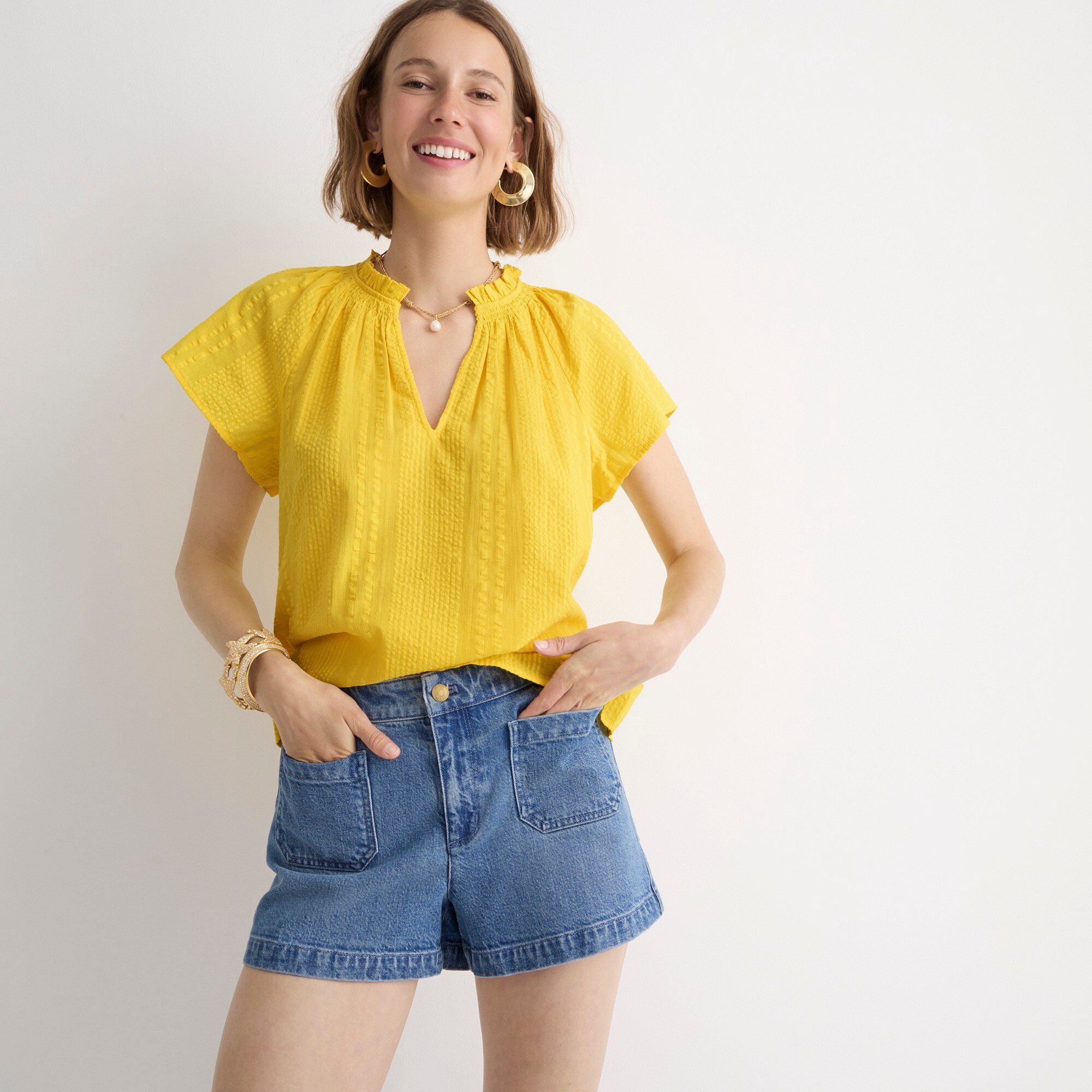 J.Crew: Flutter-sleeve V-neck Top In Cotton Dobby For Women
