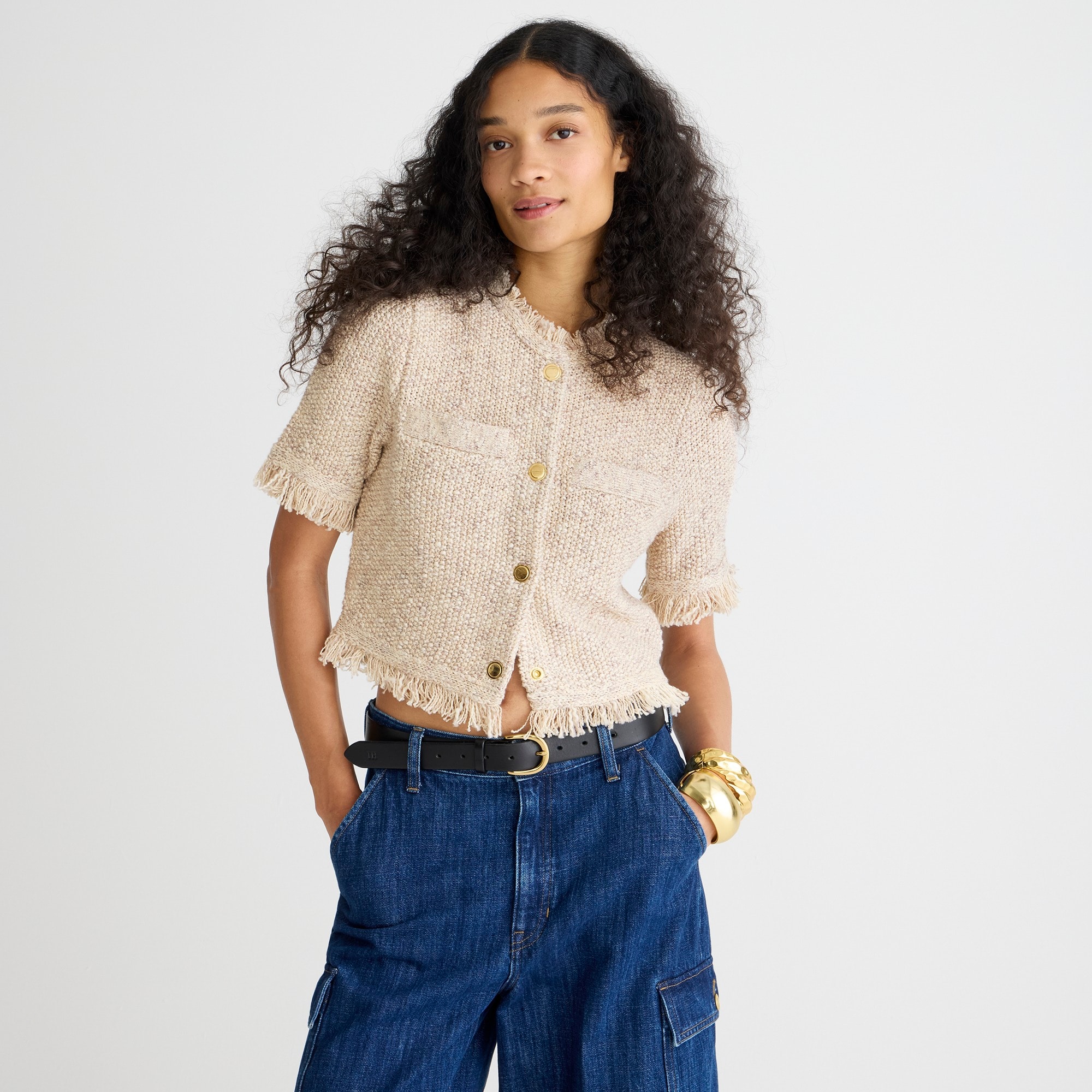 J.Crew: Cropped Fringe-trim Lady Jacket In Marled Yarn For Women