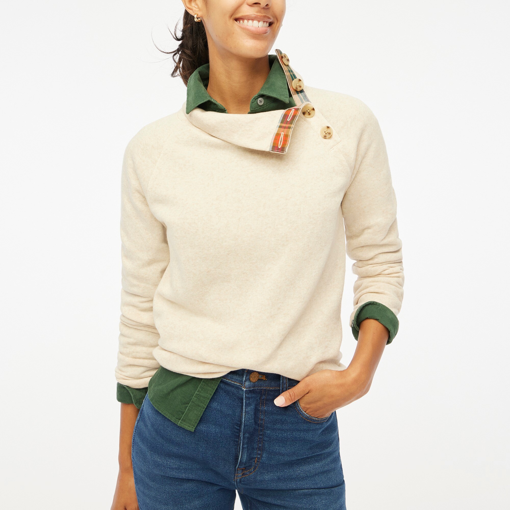 Factory: Wide Button-collar Pullover Sweatshirt For Women
