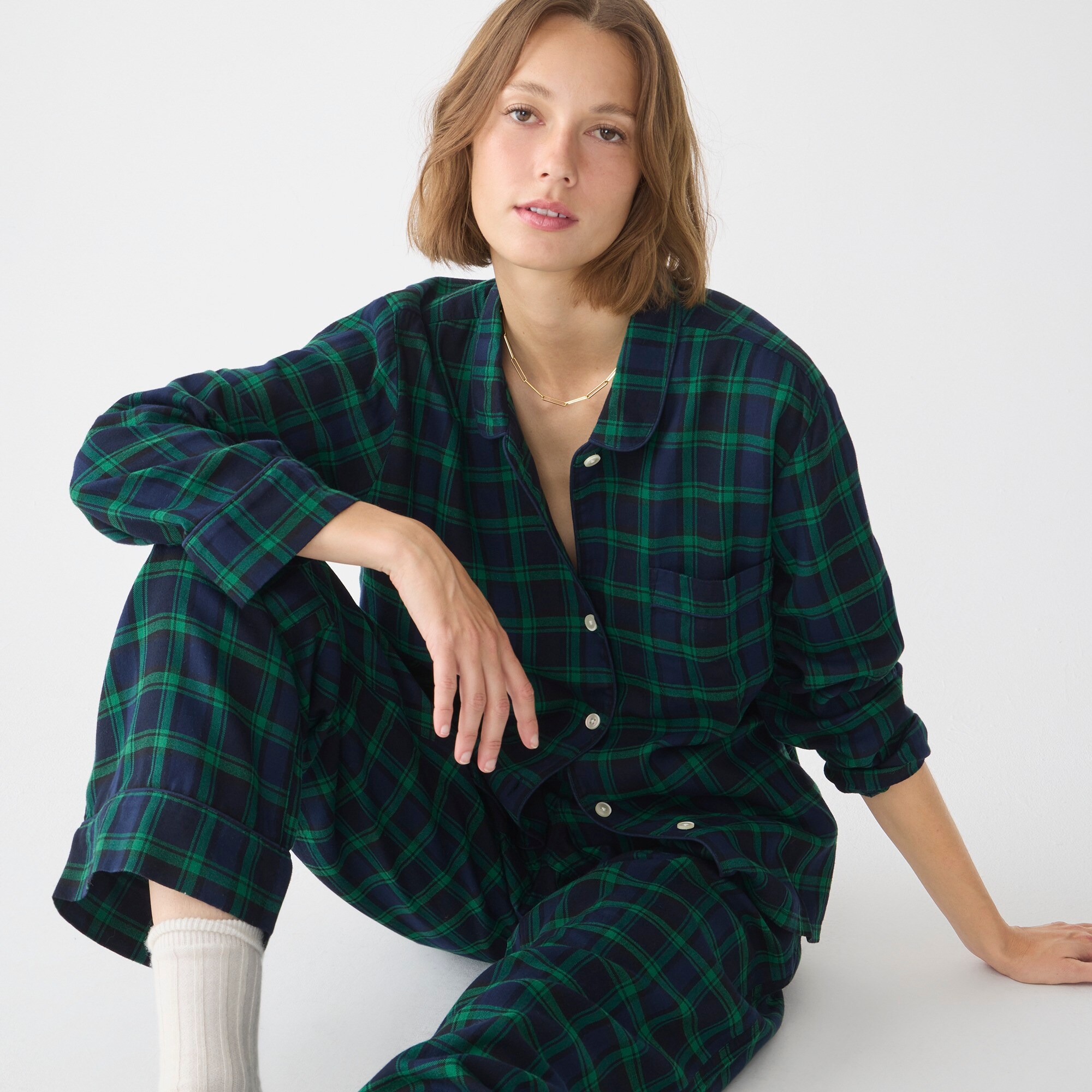 J.Crew: Flannel Long-sleeve Pajama Pant Set In Black Watch Tartan For Women