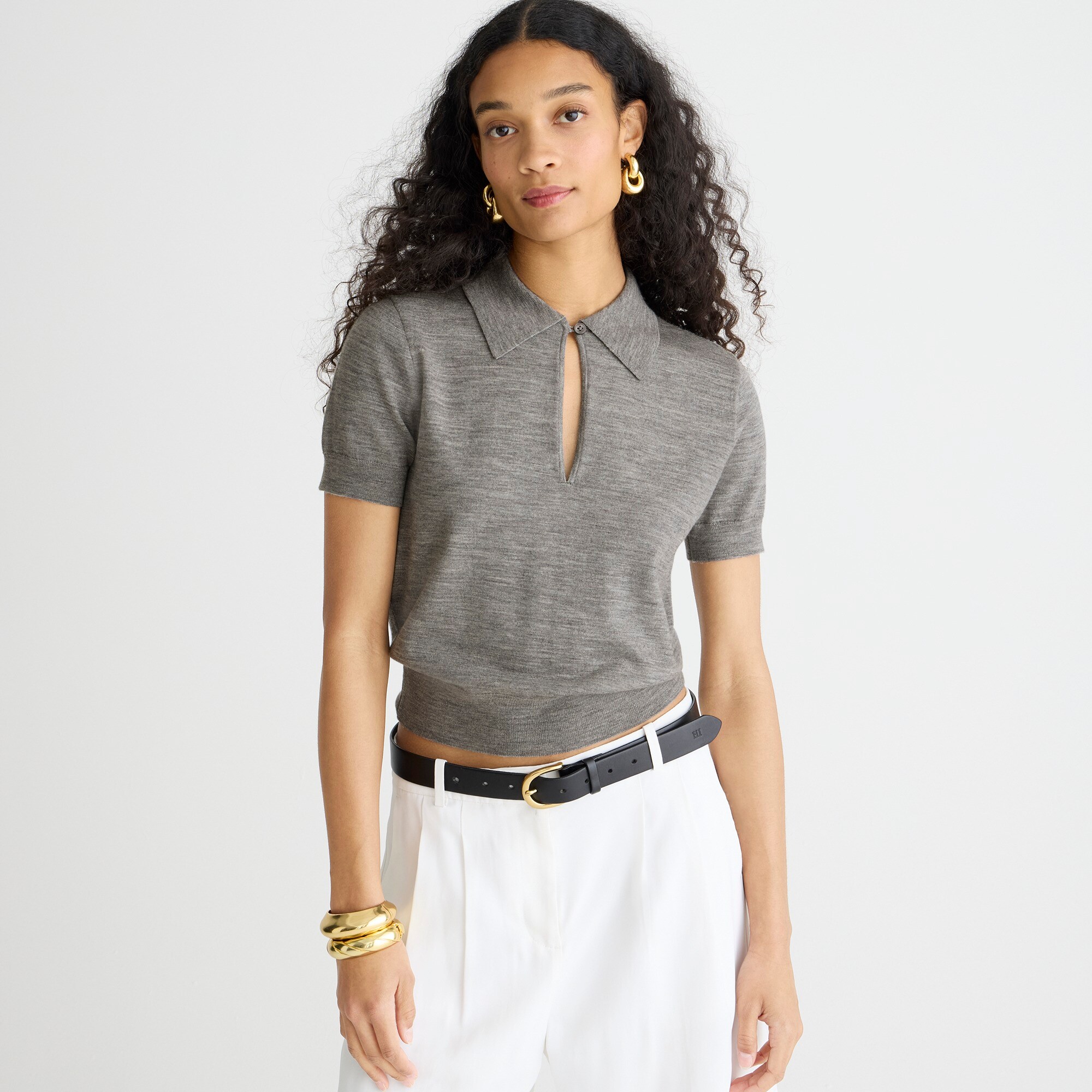 J.Crew: Short-sleeve Keyhole Sweater In Merino Wool Blend For Women