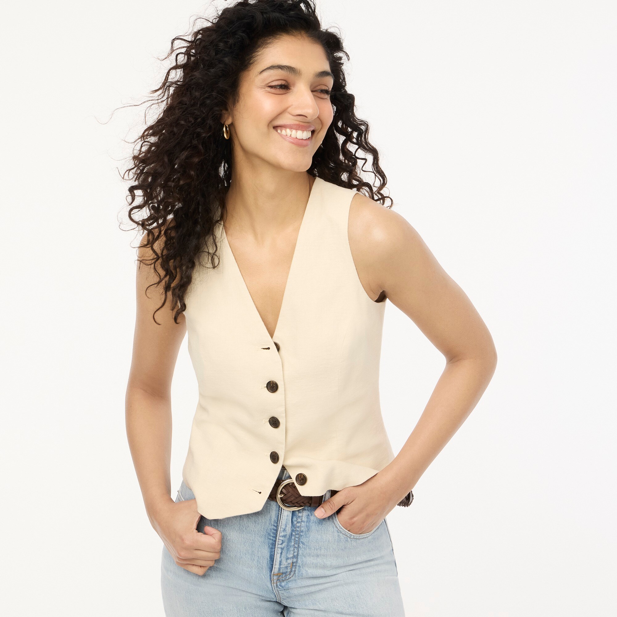 Factory: Button-front Linen-blend Vest For Women