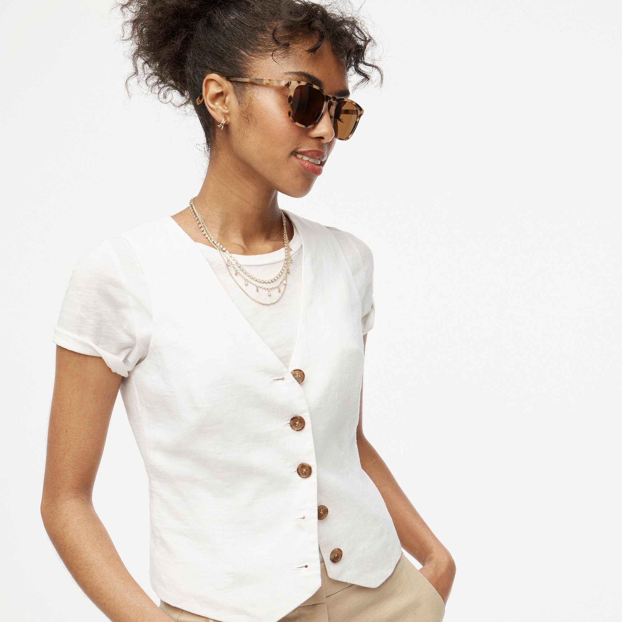 Factory: Button-front Linen-blend Vest For Women