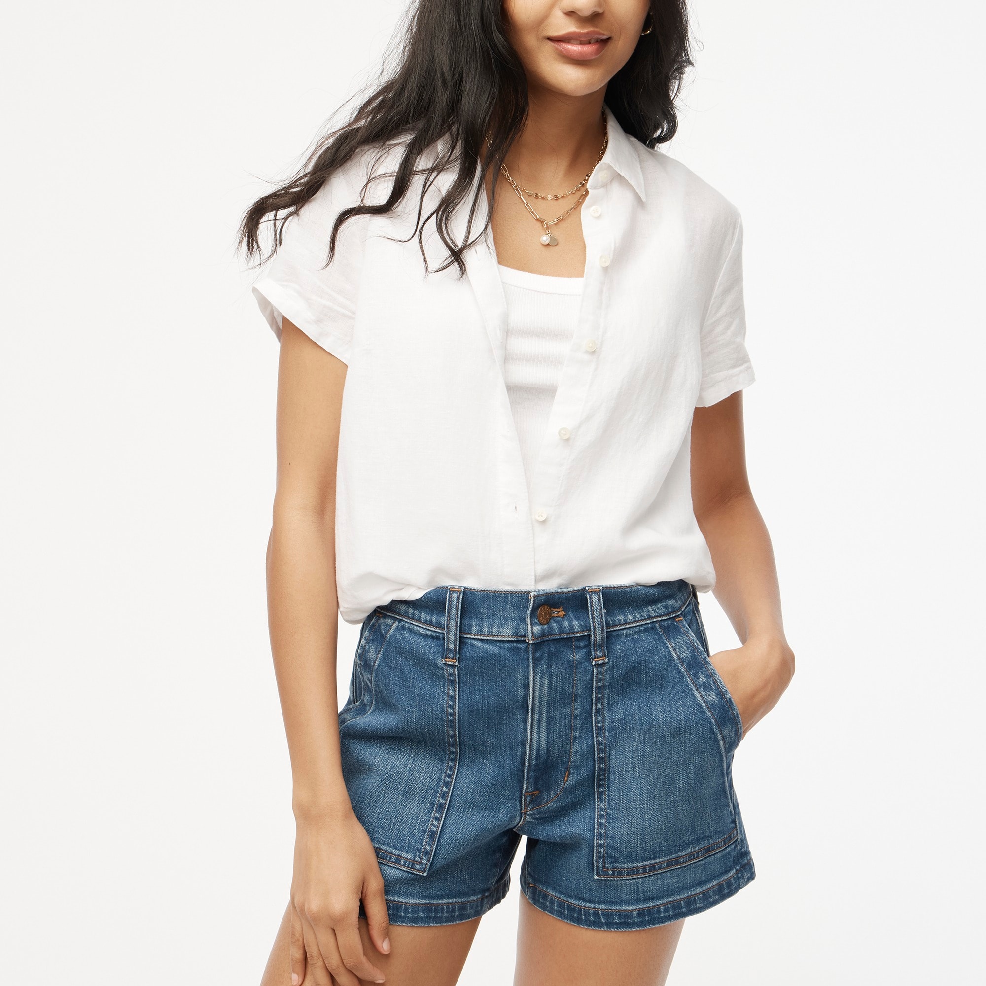 Factory: Short-sleeve Linen-blend Button-up Shirt For Women