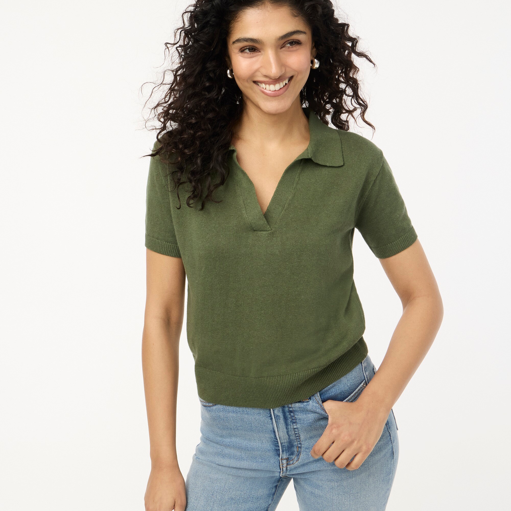 Factory: Linen-blend Short-sleeve Polo Sweater For Women
