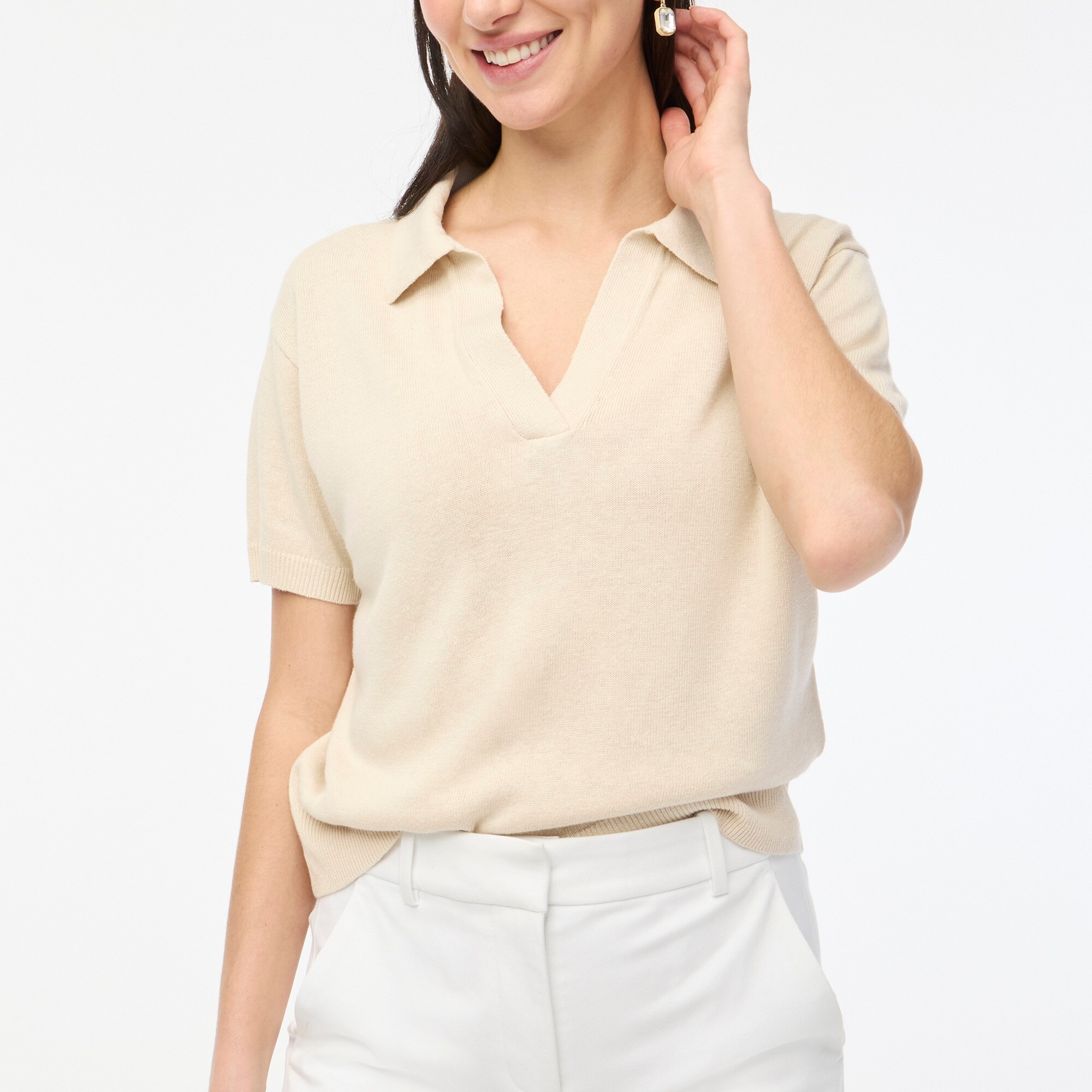 Factory: Linen-blend Short-sleeve Polo Sweater For Women