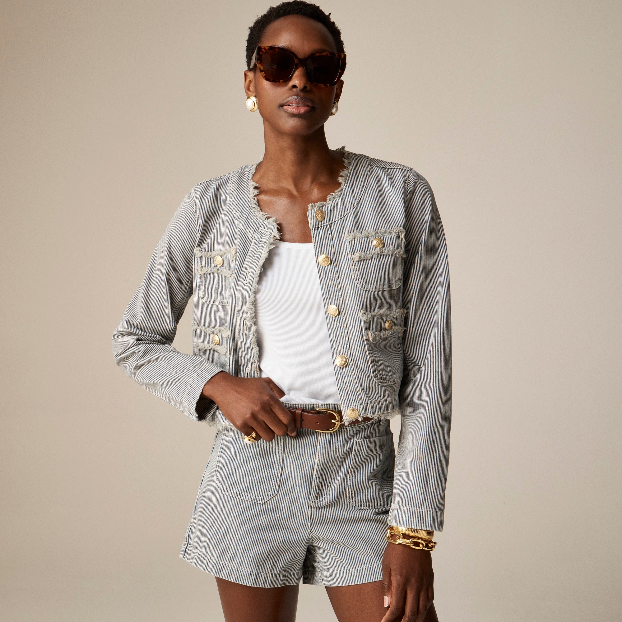 J.Crew: Frayed Denim Lady Jacket In Stripe For Women