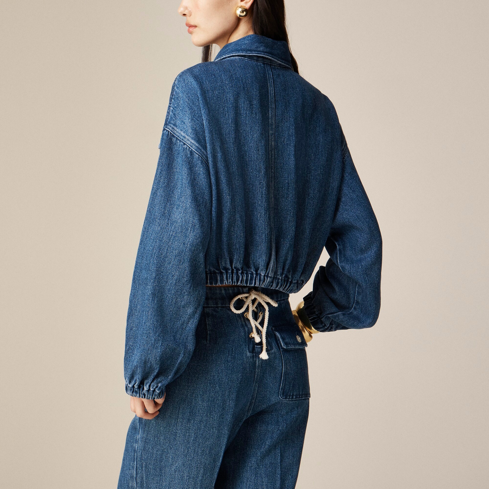 J.Crew: Cropped Bomber Jacket In Drapey Denim For Women