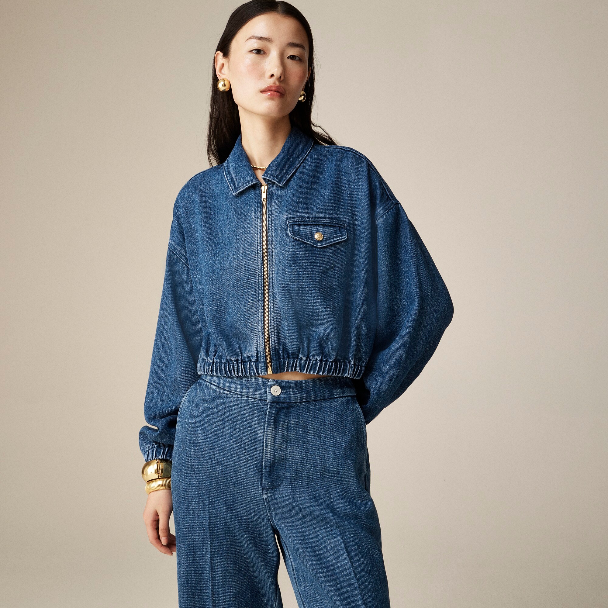 J.Crew: Cropped Bomber Jacket In Drapey Denim For Women