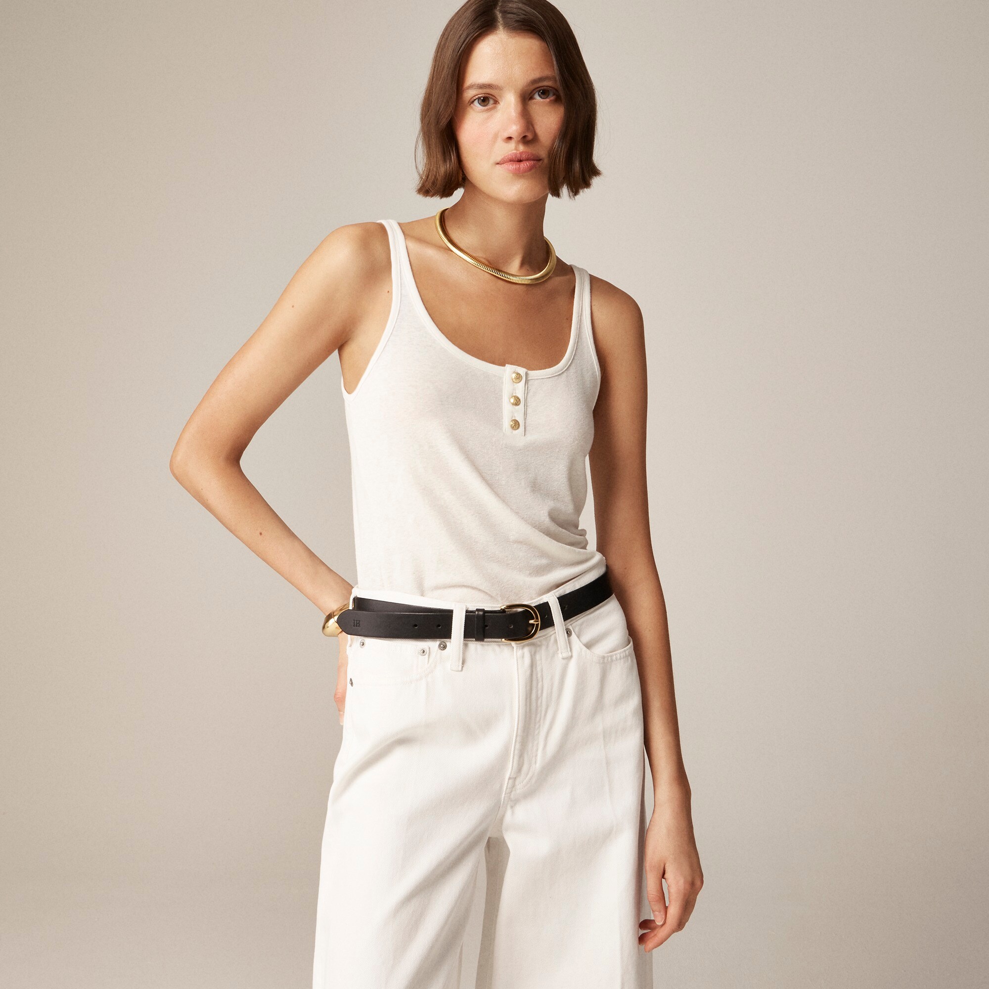 J.Crew: Henley Tank Top In Stretch Linen Blend For Women