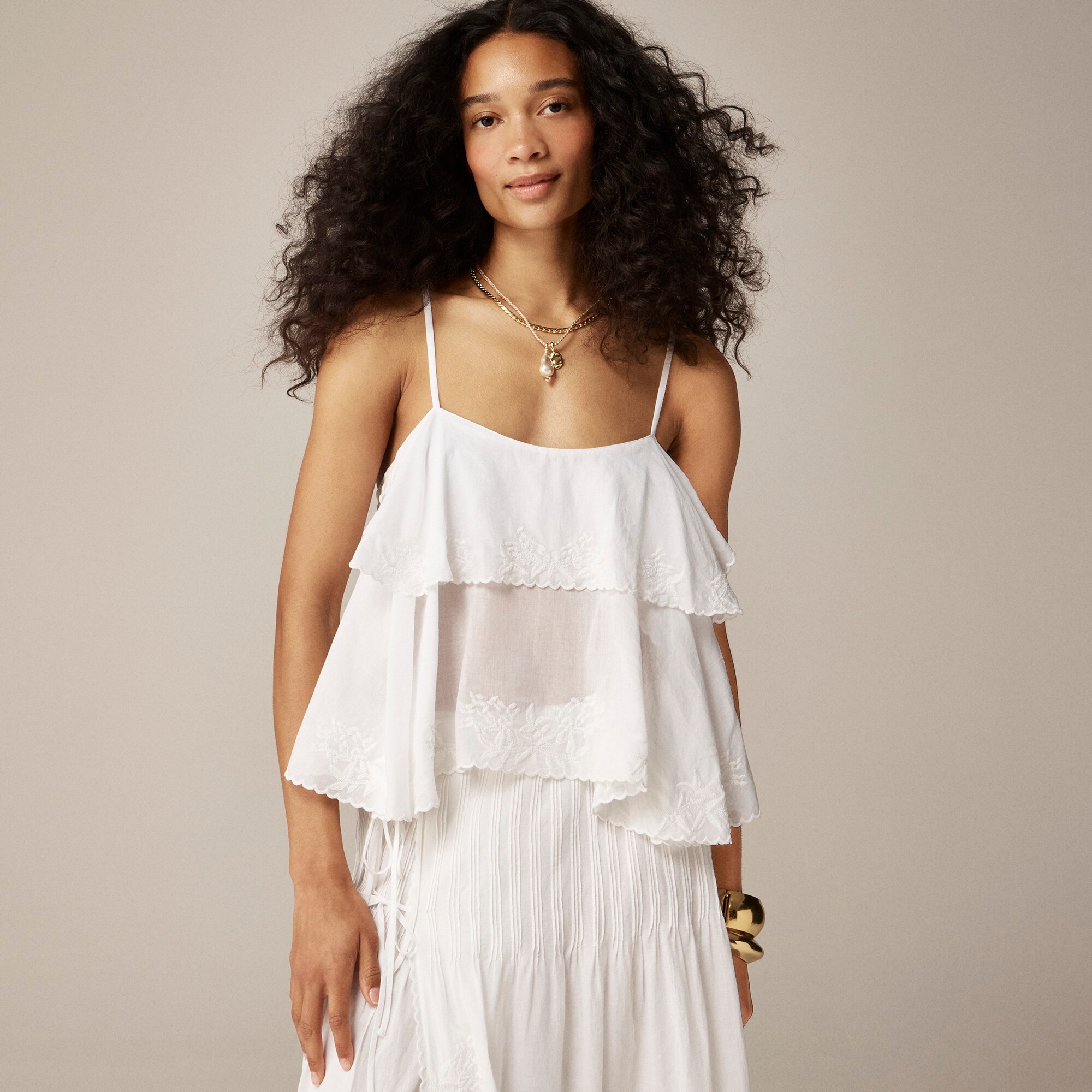 J.Crew: Tiered Tank Top With Embroidery In Cotton Voile For Women