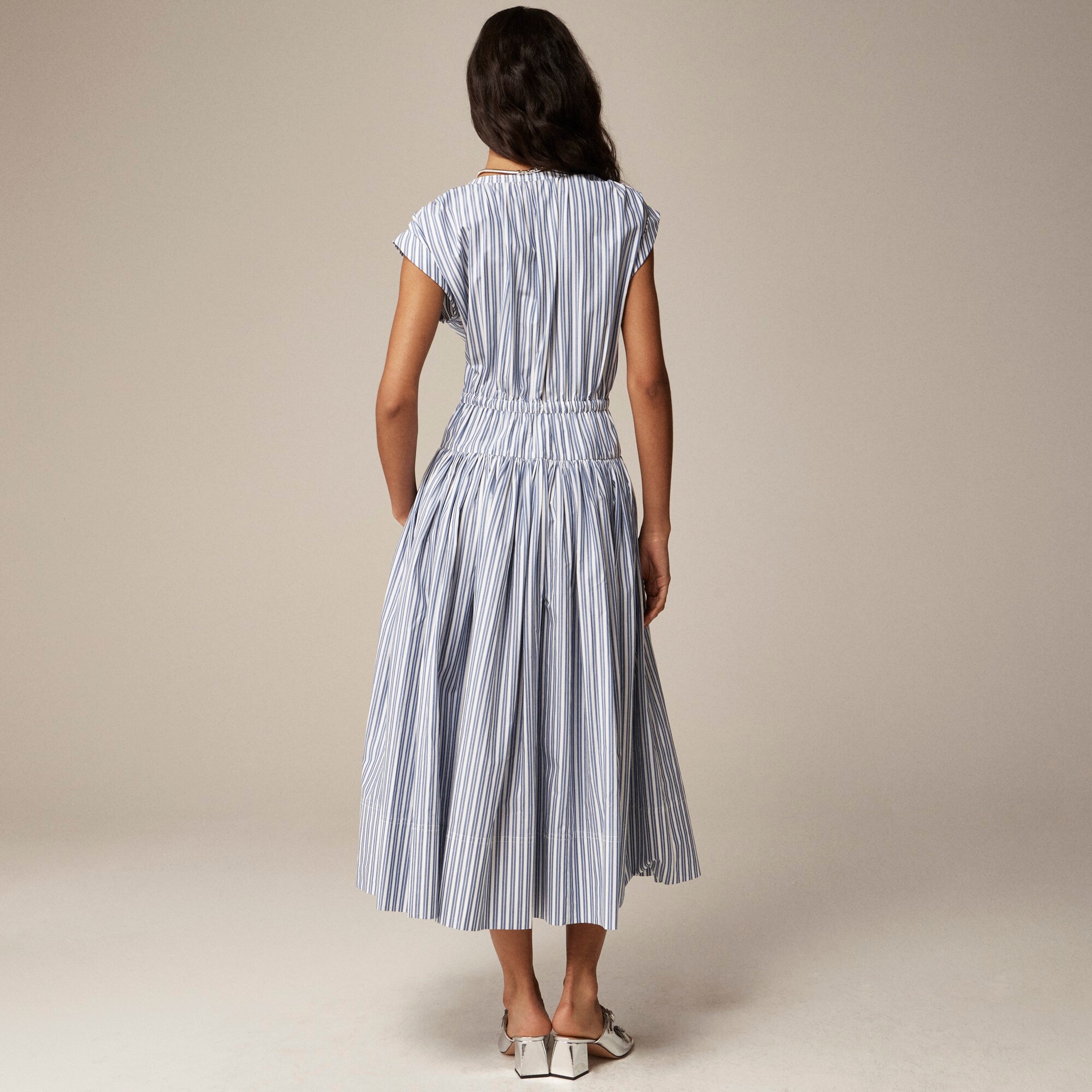 Jcrew Drop Waist Midi Dress In Striped Cotton Poplin For Women