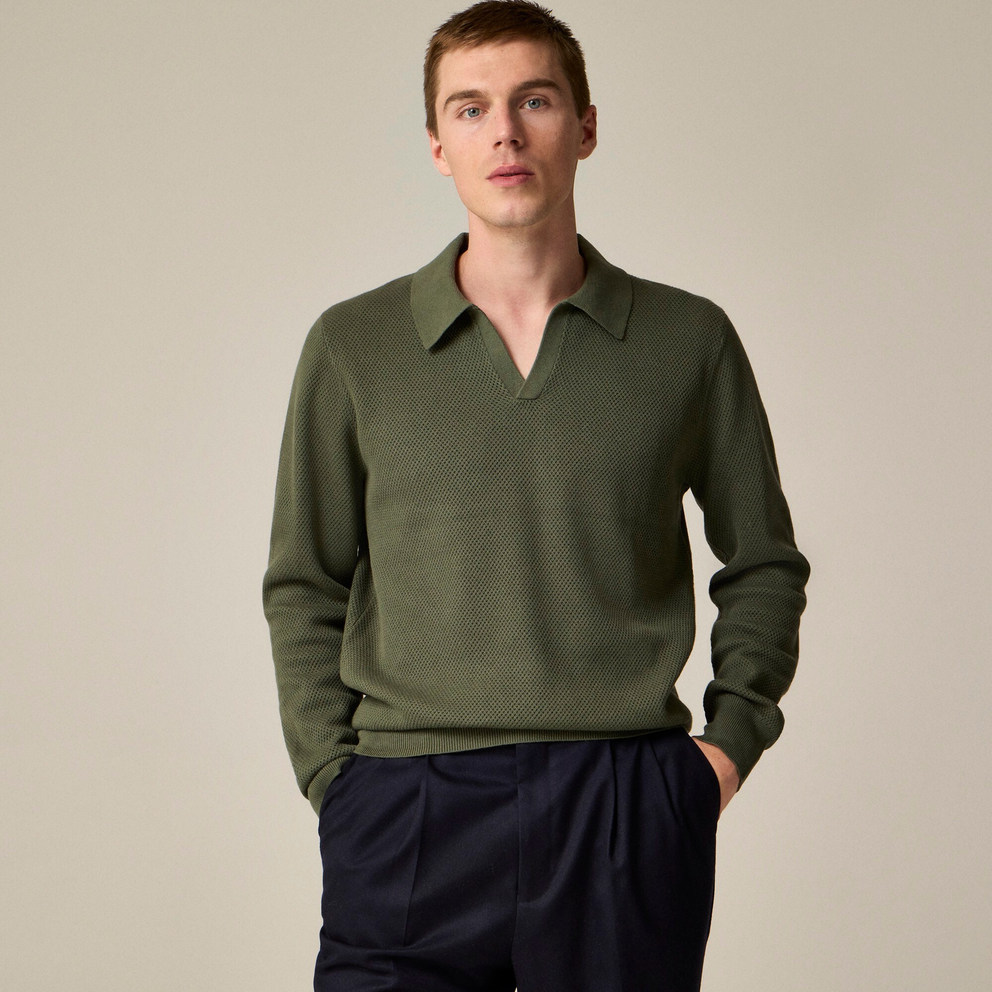 J.Crew: Long-sleeve Cotton Mesh-stitch Johnny-collar Sweater-polo For Men
