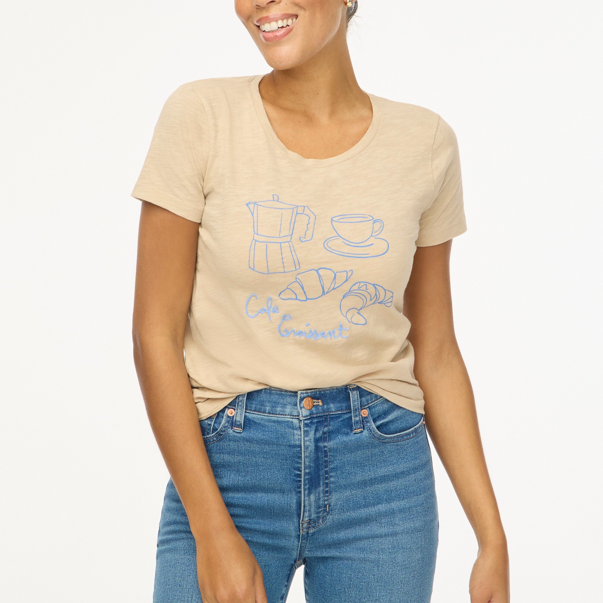 Factory: Short-sleeve Café Croissant Embroidered Graphic Tee For Women