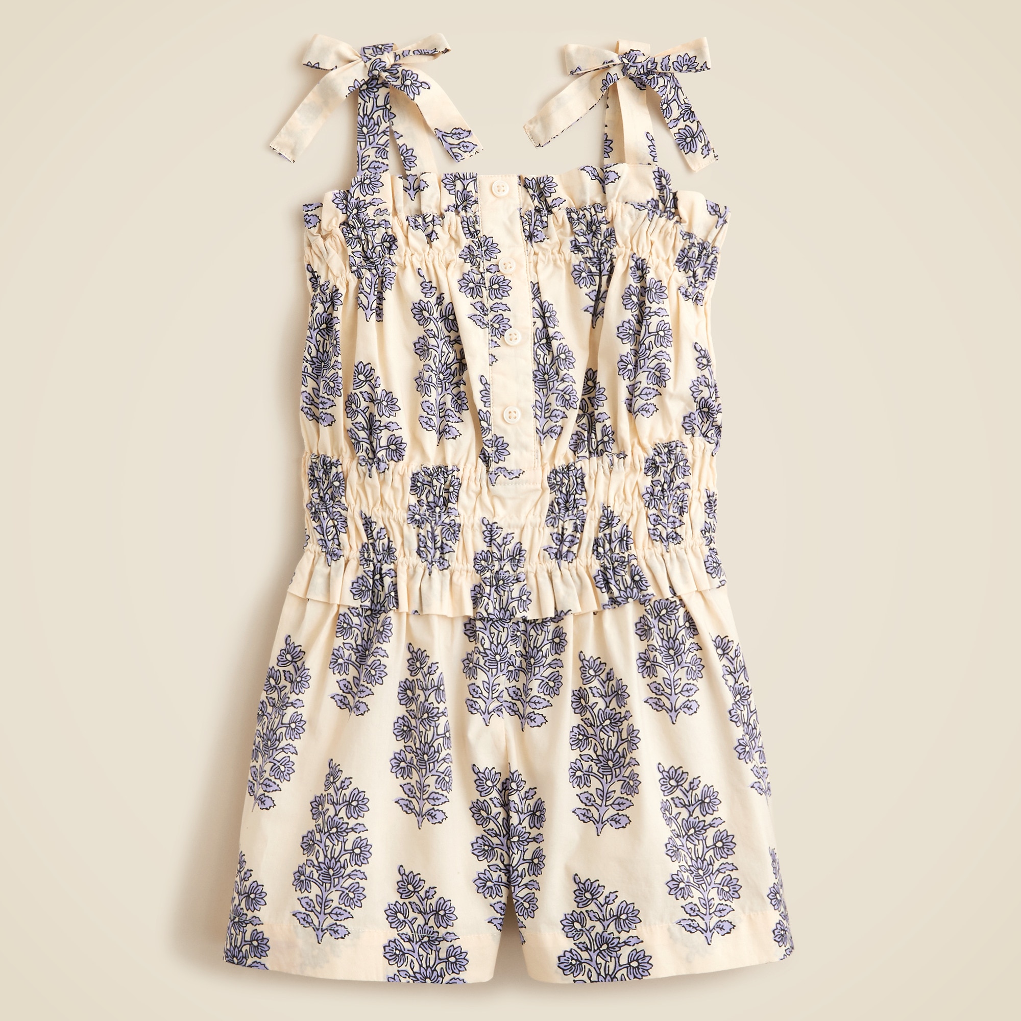 Girls' Smocked Romper In Blooming Lilac Block Print For Girls | J.Crew