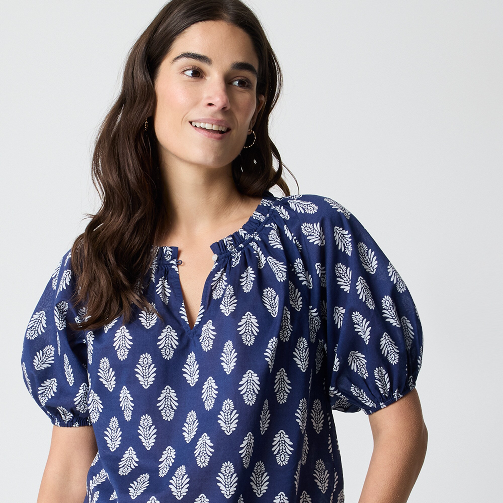 Printed Puff-sleeve Split-neck Top For Women | Factory